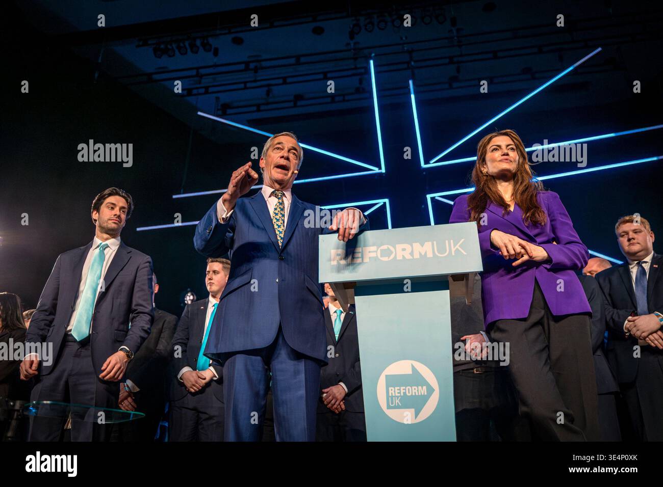 Croydon, London, UK – 28 March 2026: Reform UK leader Nigel Farage ...