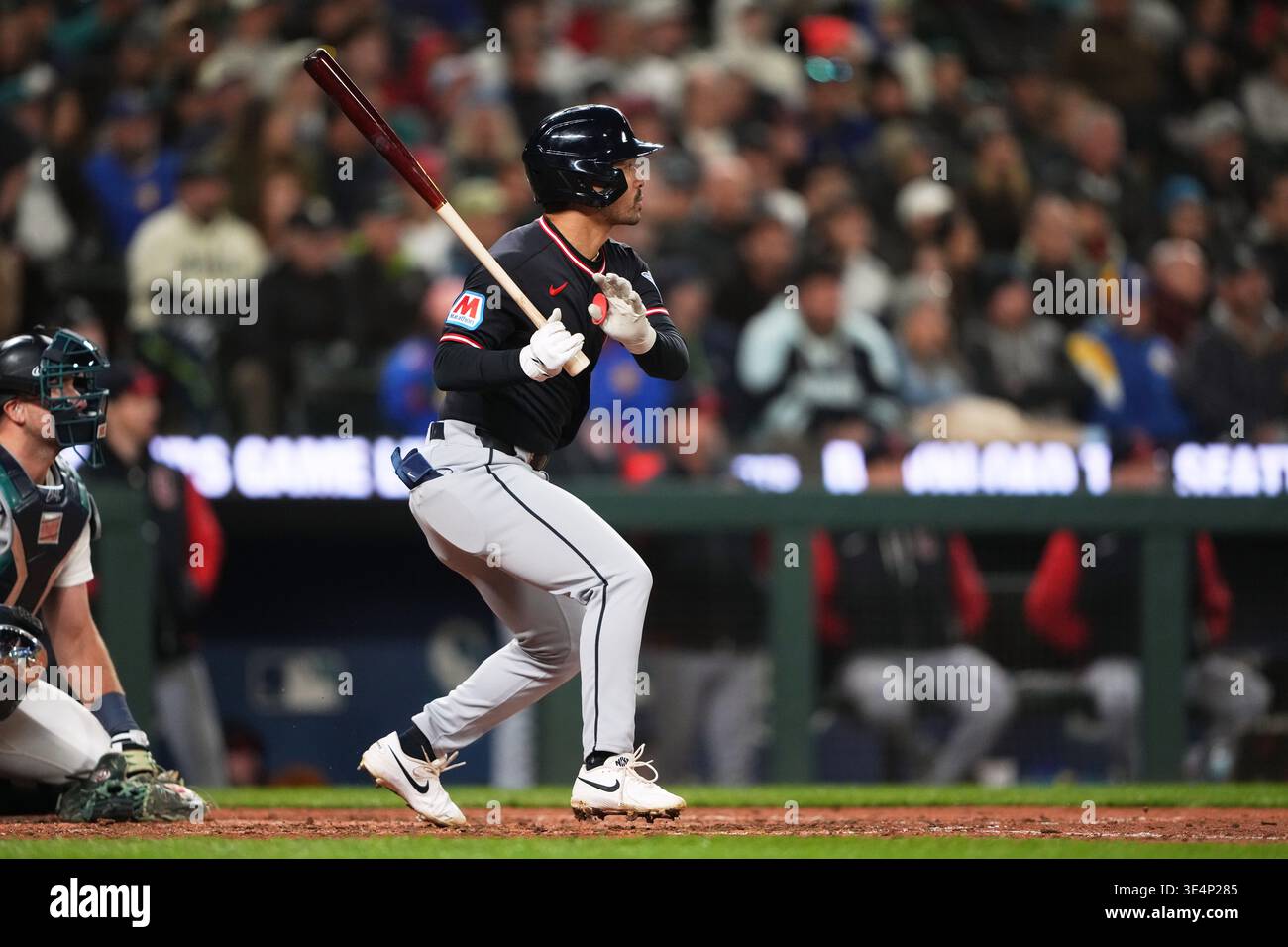 Cleveland Guardians' Steven Kwan hits an RBI single against the Seattle ...