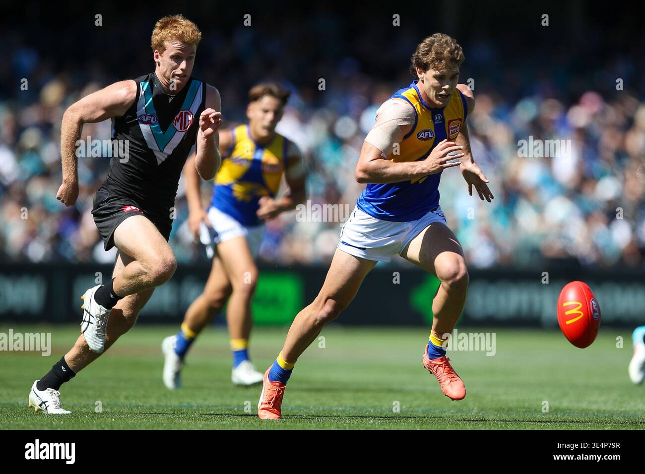 Deven Robertson of the Eagles chased by Willem Drew of the Power during ...