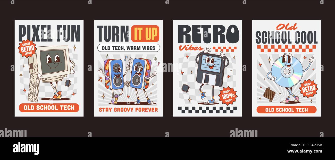 Funky groovy hippie computer and device characters posters. Vibrant ...