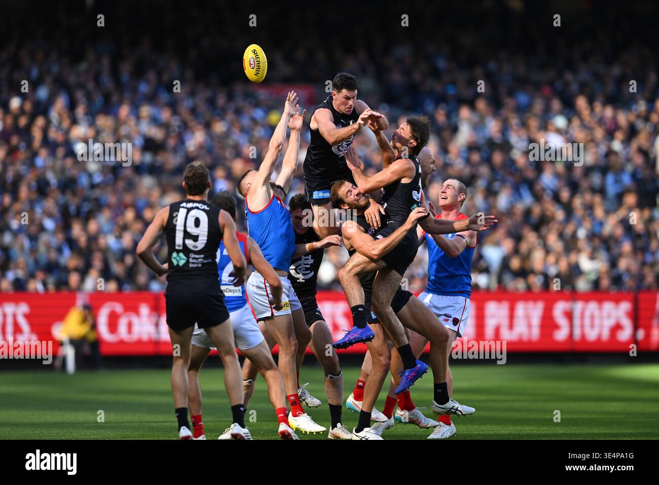Mitch McGovern of Carlton contests a mark during the AFL Round 3 match ...