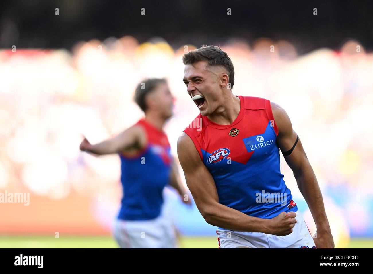 Paddy Cross of the Demons reacts after kicking a goal during the AFL ...