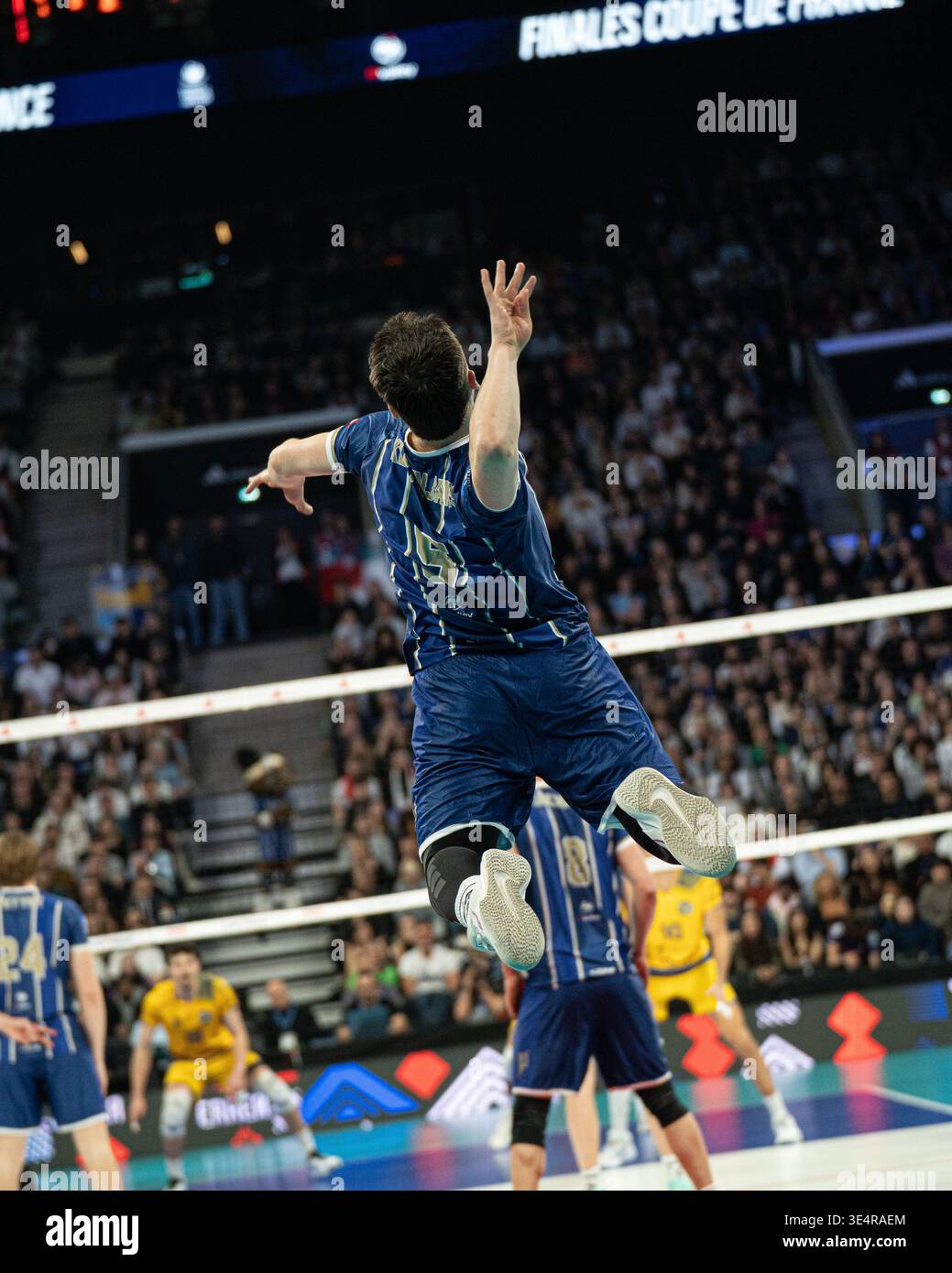 Paris, France, 28 March 2026: Paris Volley’s number 5 player leaps into ...
