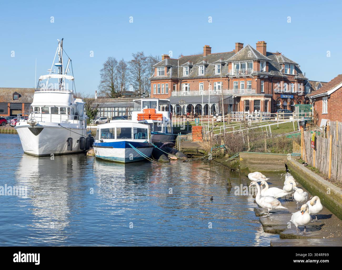 Swans on water, boats moored near Wherry Hotel, historic building at ...