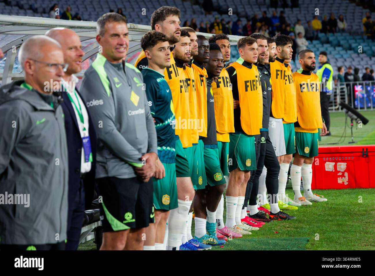 Australian players on the bench lineup for the national anthem before ...