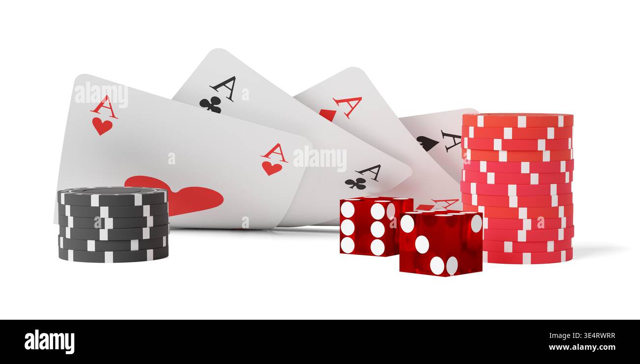 Four aces playing cards overlapping bend flat on white table background ...
