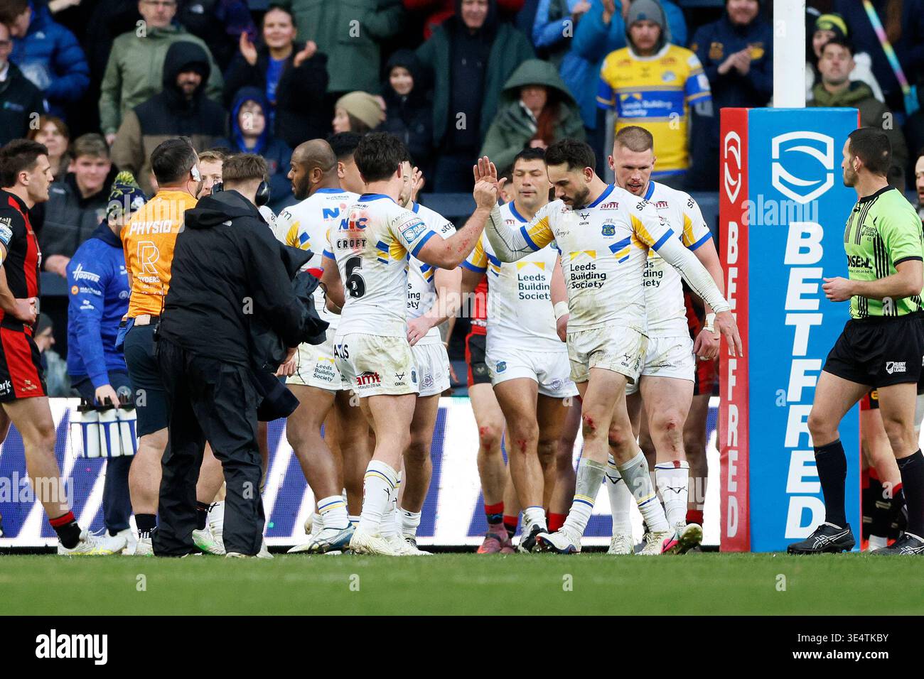Leeds Rhinos' Brodie Croft (left) celebrates scoring a try with team ...