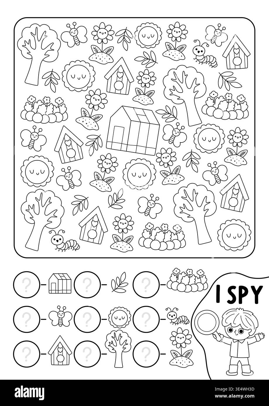 Garden black and white I spy game for kids. Searching, counting ...