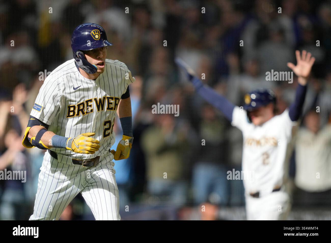 Milwaukee Brewers' Christian Yelich runs the bases after hitting a ...