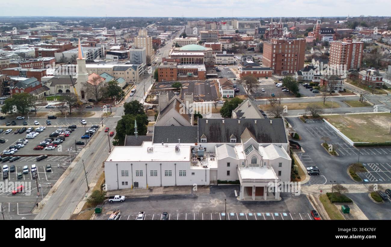 Macon Georgia downtown aerial view with church and urban neighborhood ...