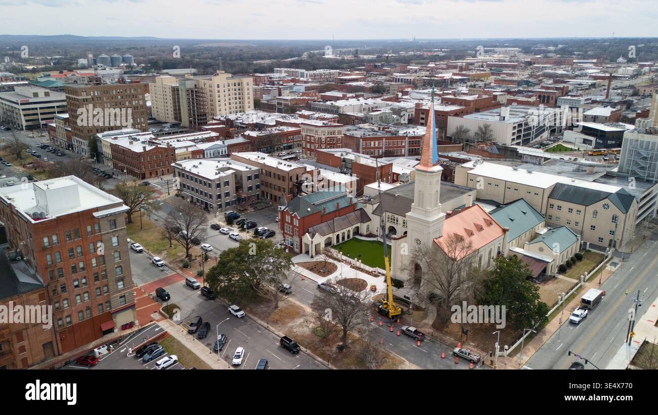 Macon Georgia downtown aerial view with church and urban streets Stock ...