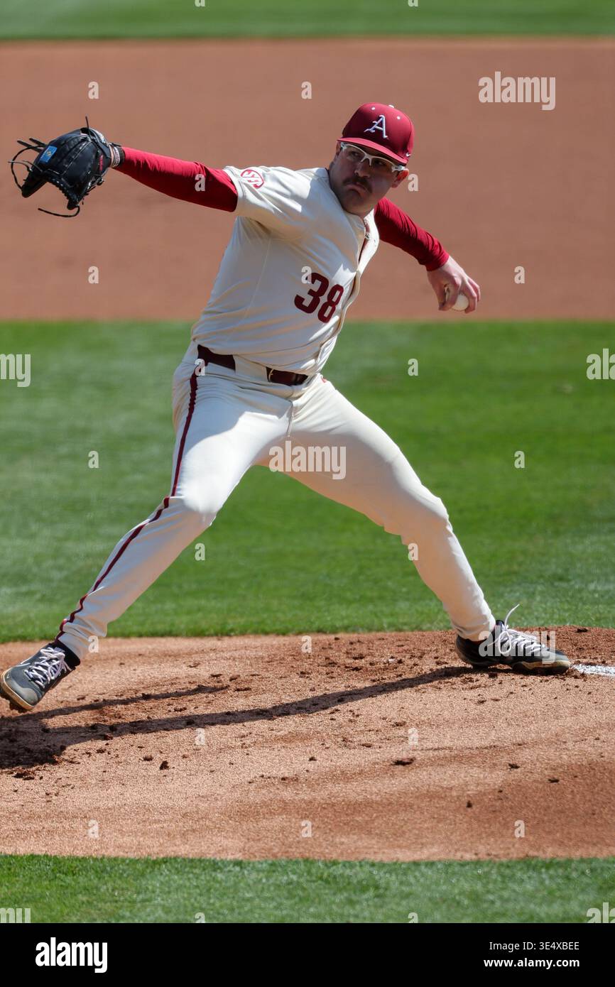 March 29, 2026: Arkansas pitcher Colin Fisher (38) strides towards the ...