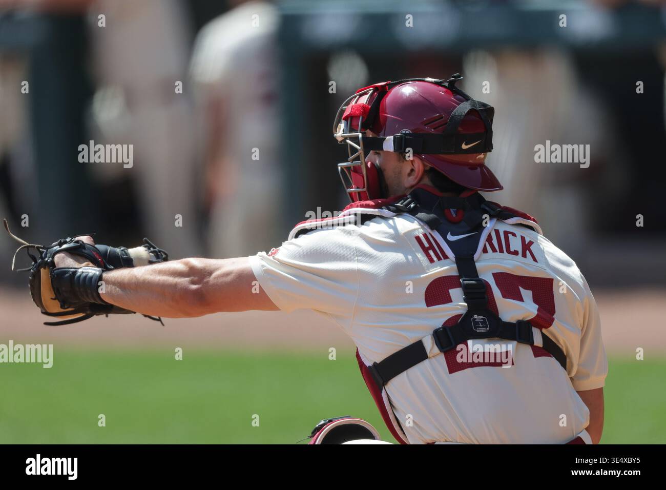 March 29, 2026: Razorback catcher Ryder Helfrick (27) clasp down on a ...