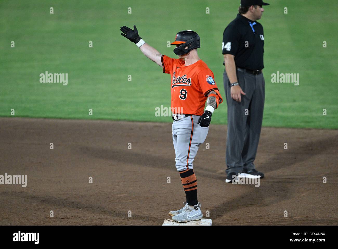 Baltimore Orioles' Tyler O'Neill (9) reacts after hitting a double ...
