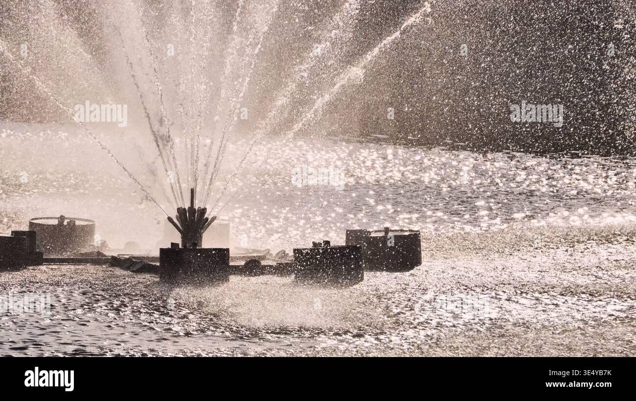 Water fountain spraying droplets in sunshine, creating refreshing wet ...