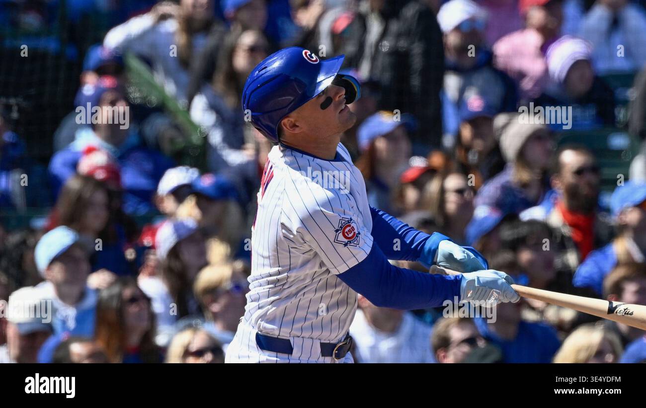 Chicago Cubs' Matt Shaw watches his RBI sacrifice fly ball during the ...