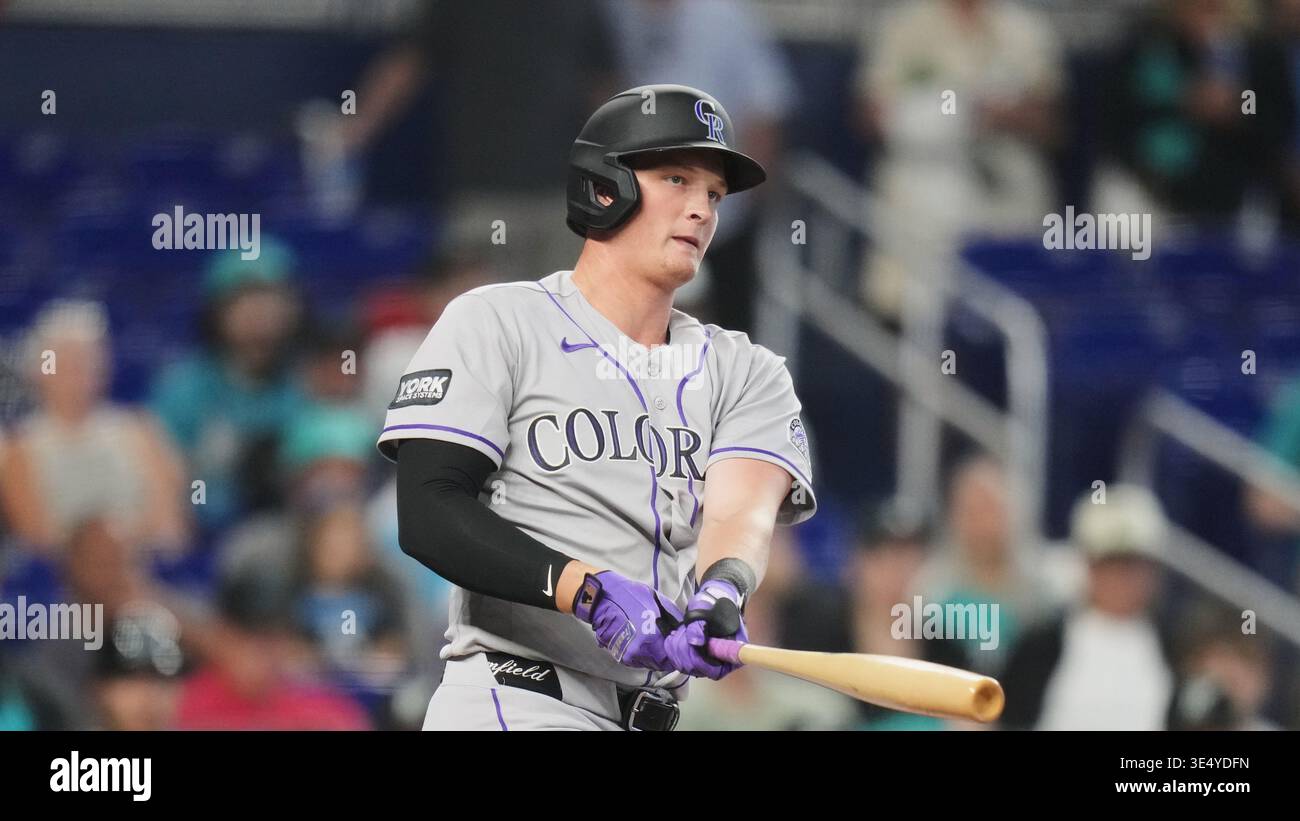 Colorado Rockies' TJ Rumfield bats during the first inning of a ...
