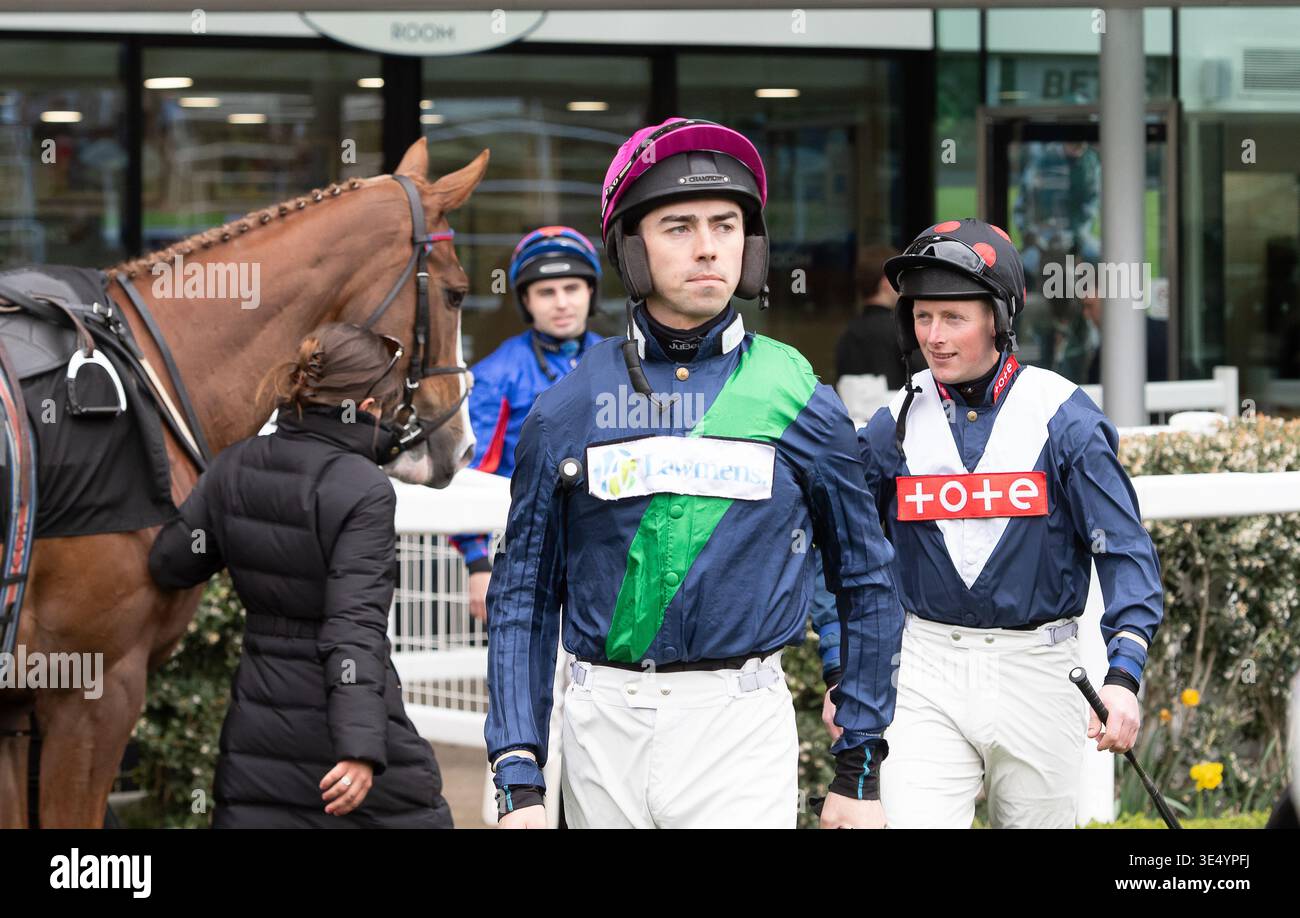 Ascot, Berkshire, UK. 29th March, 2026. Jockey Kevin Brogan (front ...