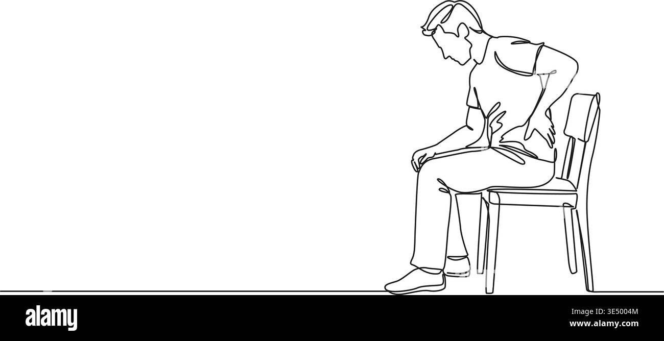 continuous line drawing of man with lower back pain sitting on chair ...