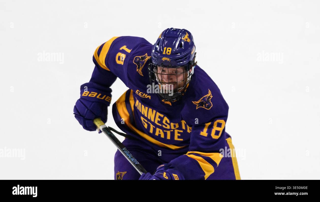Minnesota State defenseman Jakob Stender (18) skates during the second ...