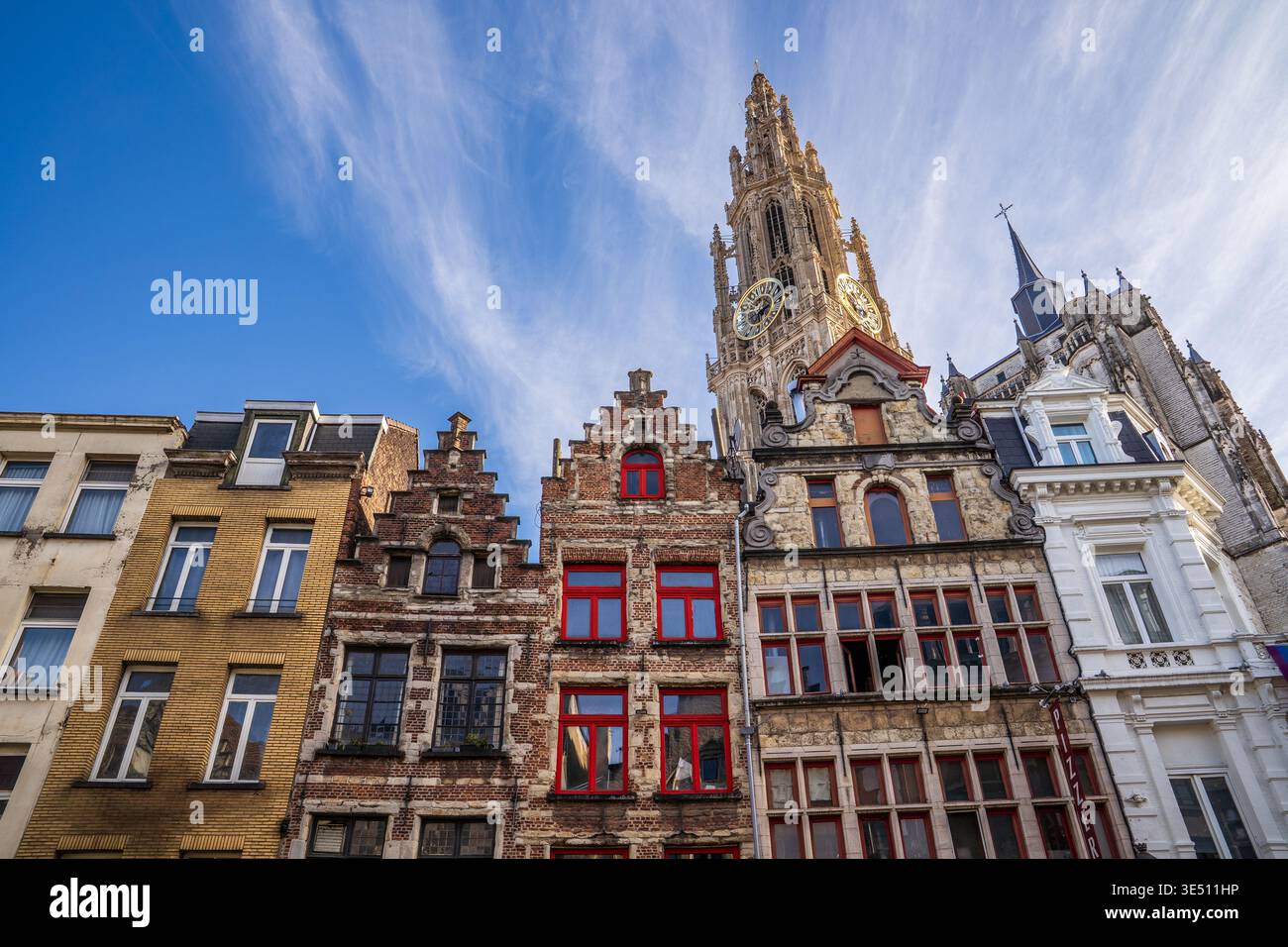 Low angle view of historic stepped-gable houses in Antwerp city center ...