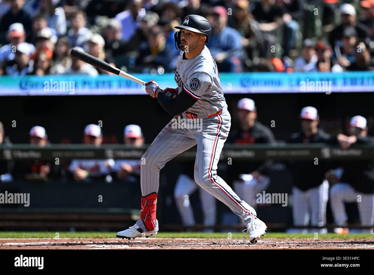Minnesota Twins Trevor Larnach follows through on an at bat against the ...