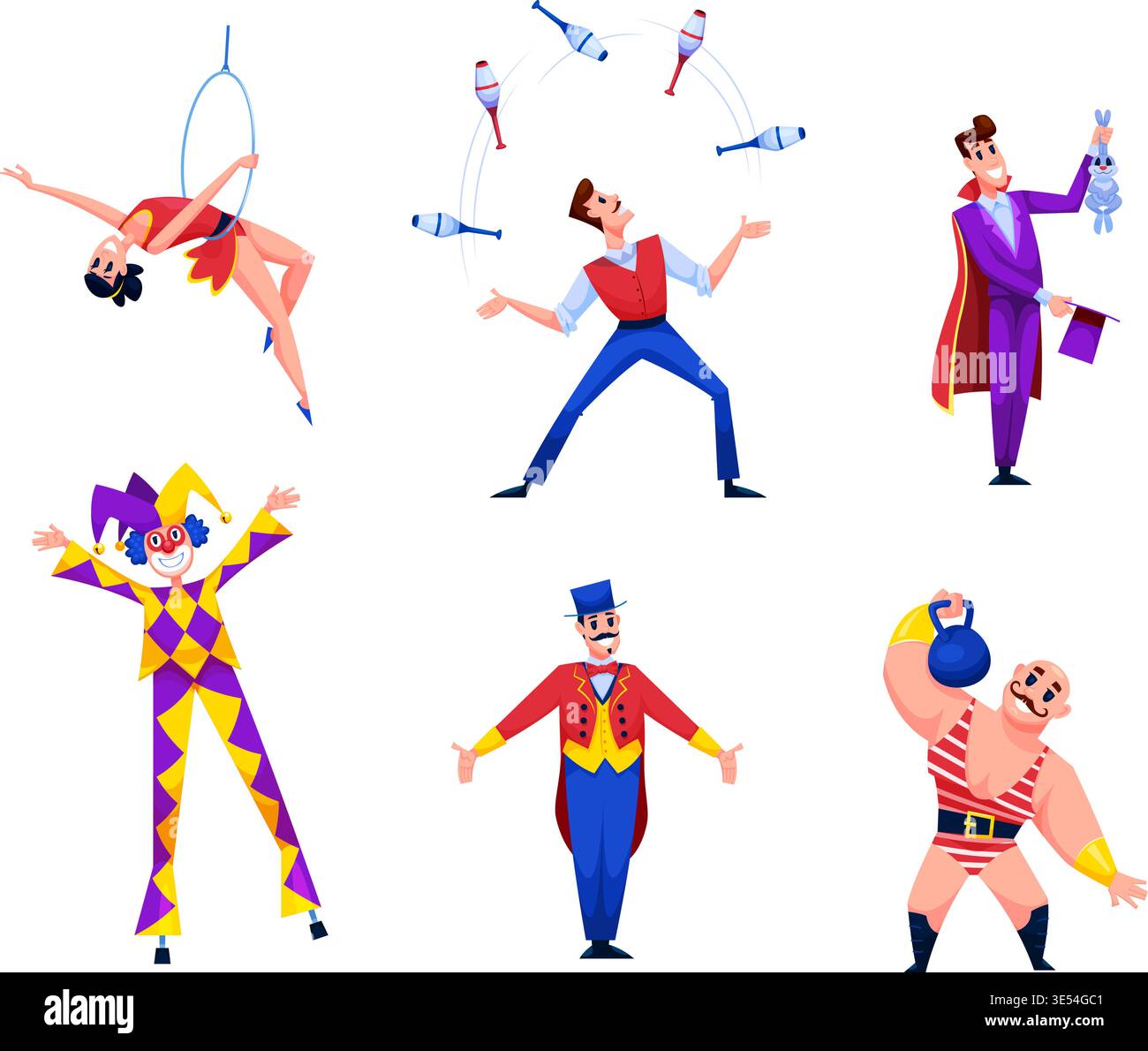 Cartoon circus artists. Chapiteau performers, clown stilts ...