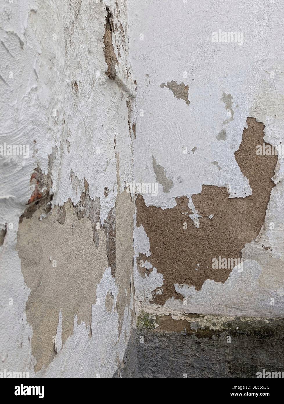 Peeling Plaster Corner Wall Revealing Brown Underlayer, Flaking Paint ...