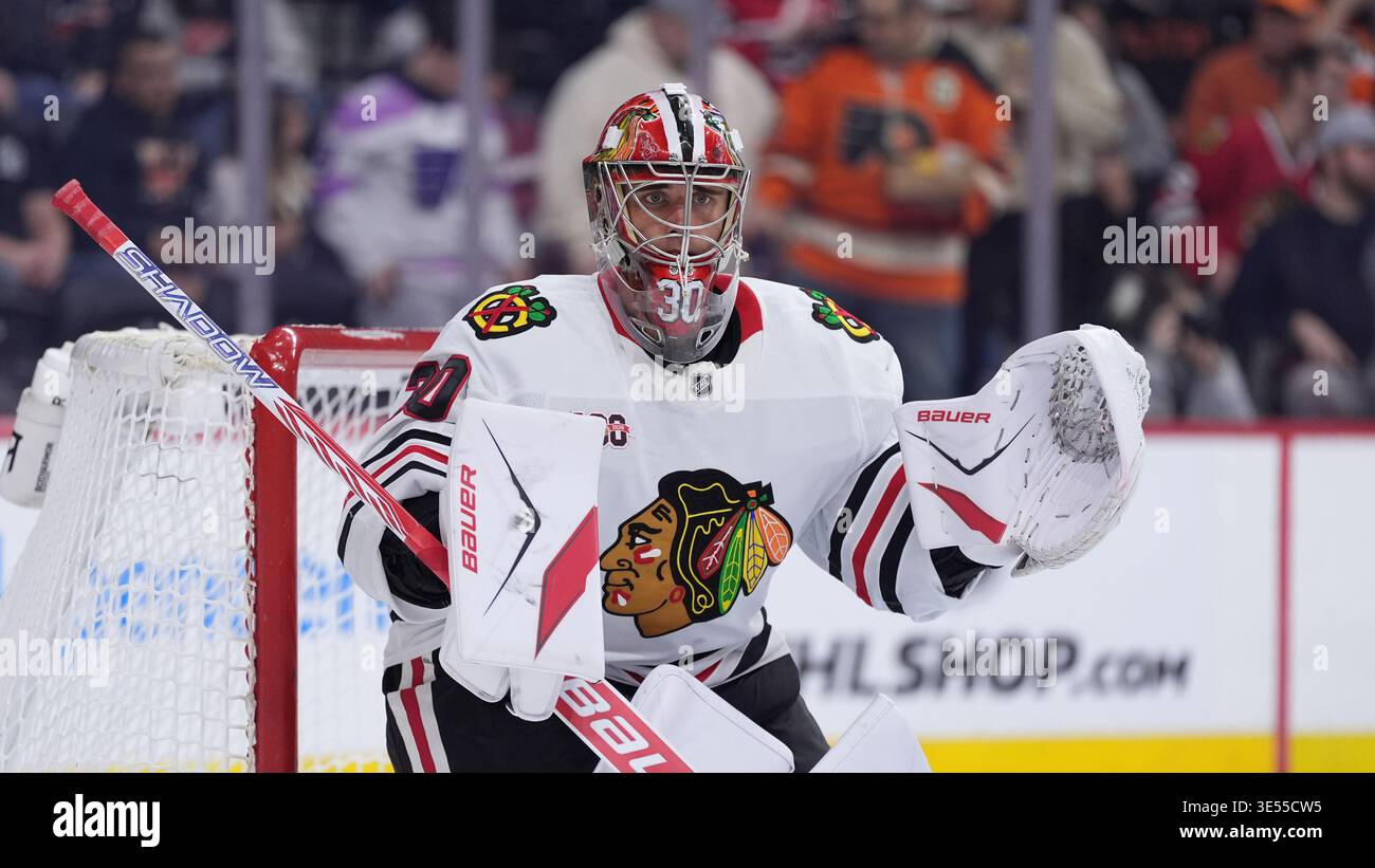 Chicago Blackhawks' Spencer Knight plays during an NHL hockey game ...