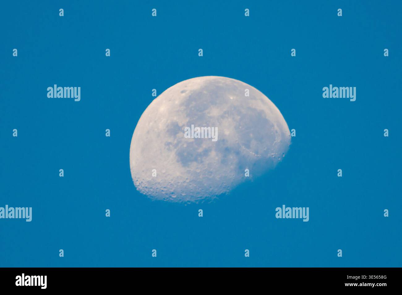 A high-detail daylight moon photograph showing craters and lunar mare ...