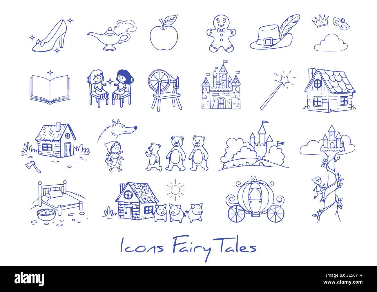 Fairy tale line icons set featuring classic story elements. Hand-drawn ...