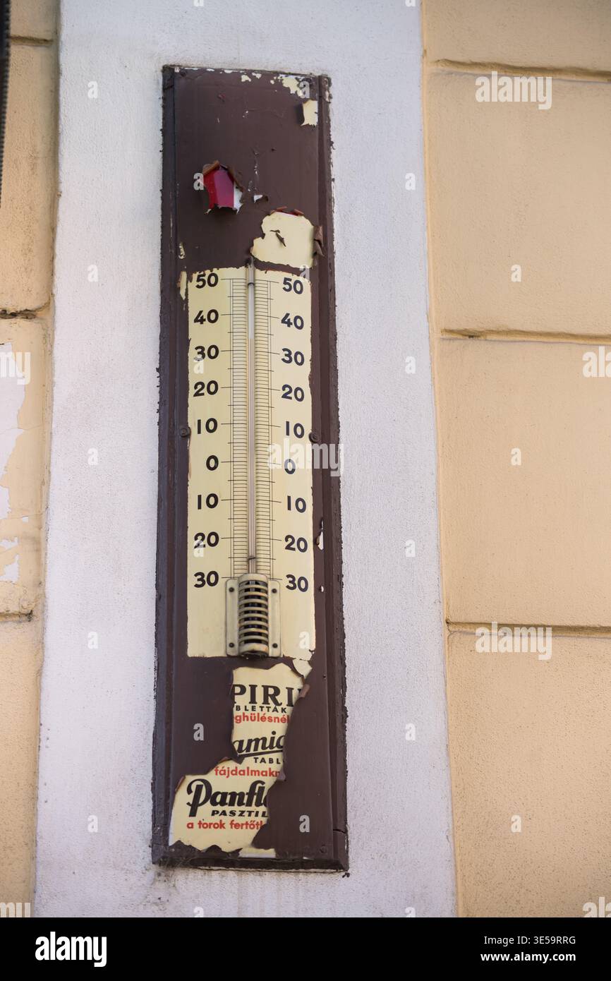 vintage wall thermometer used to measure air temperature. It has a ...