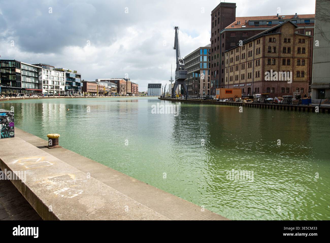 Münster harbor with crane, waterfront and modern and historic buildings ...