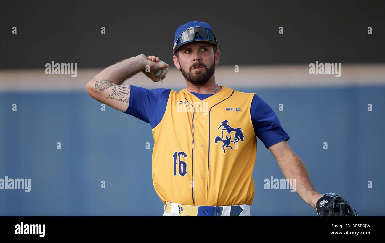 McNeese infielder Korey Cooper (16) throws during an NCAA baseball game ...