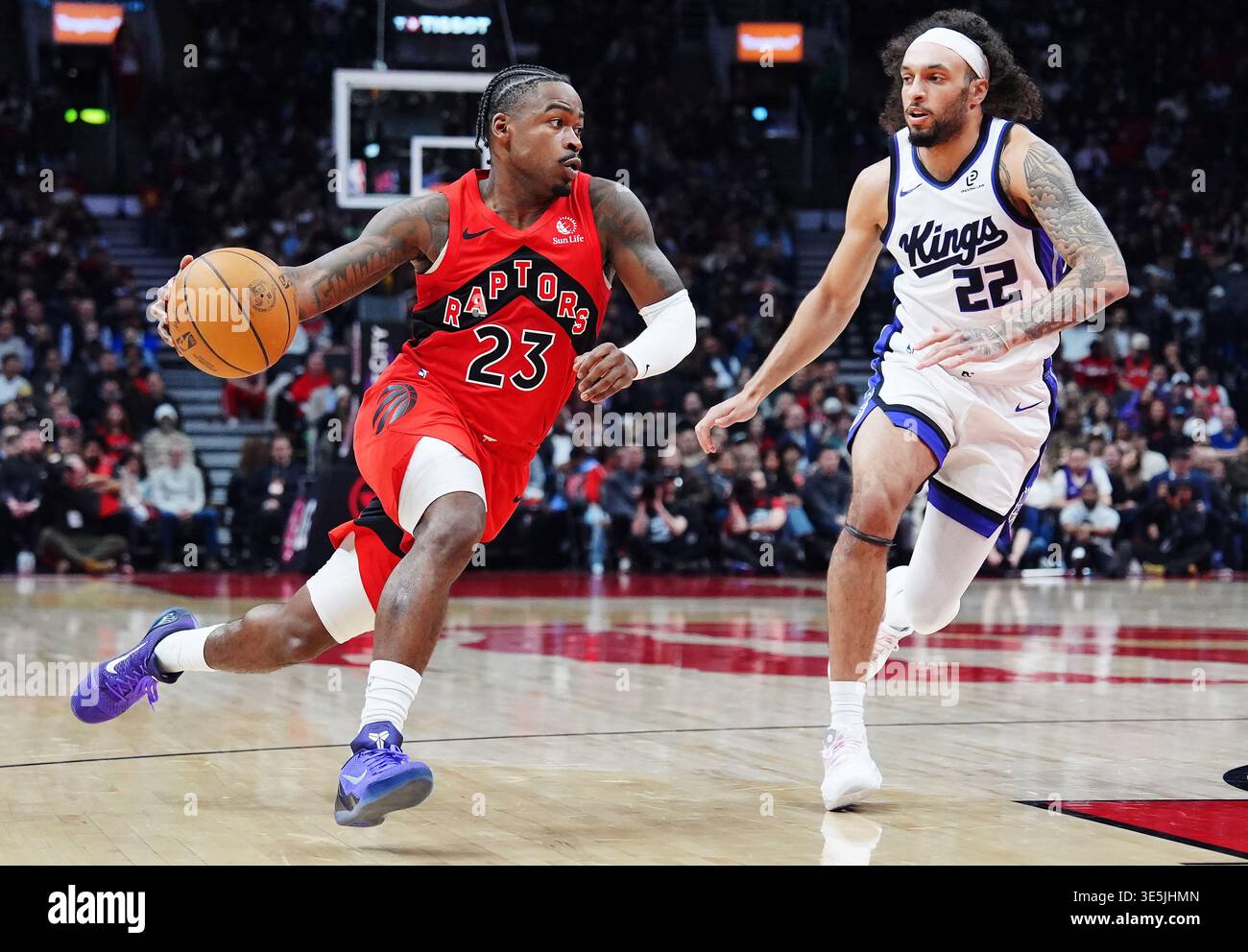 Toronto, Canada. 01st Apr, 2026. Toronto Raptors' Jamal Shead (23 ...