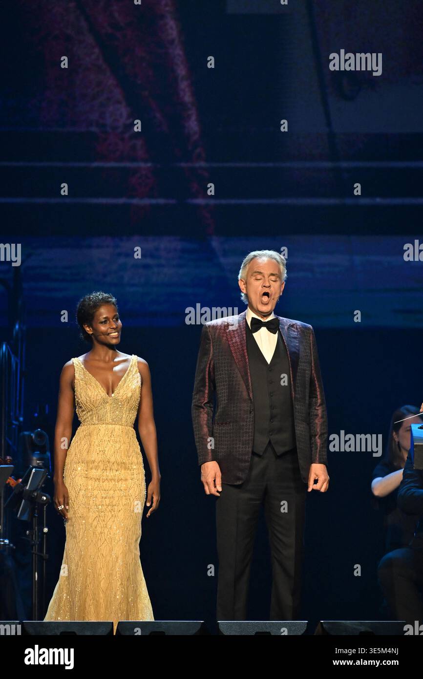 Andrea Bocelli, Andrea Lykke Oehlenschlæger performs at the Accor Arena ...
