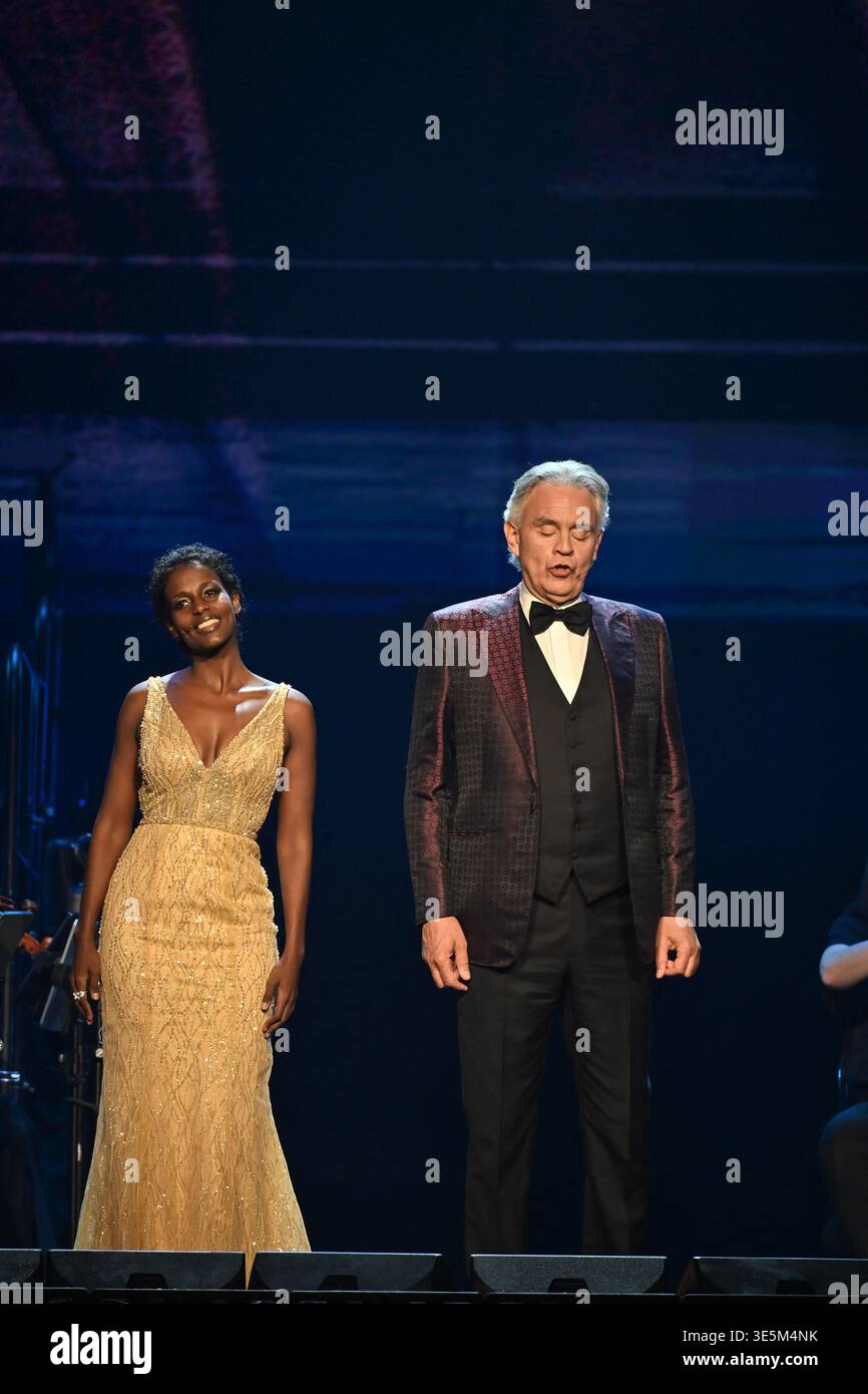 Andrea Bocelli, Andrea Lykke Oehlenschlæger performs at the Accor Arena ...