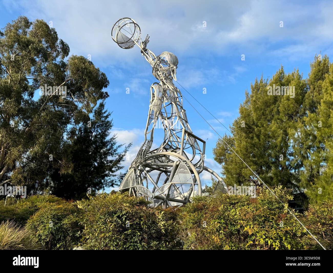 A steel sculpture by John Robinson of a disabled netball player. At the ...