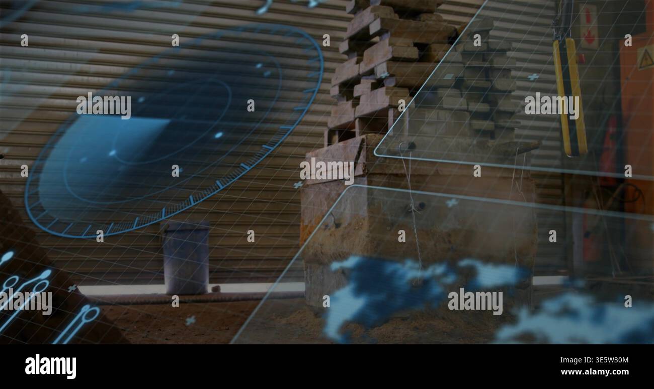 Displaying stacked wood blocks on concrete pedestal in dim workshop ...