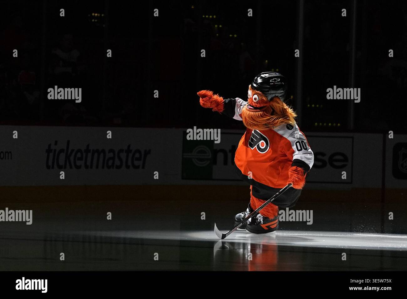 Philadelphia Flyers mascot Gritty in action during an NHL hockey game ...