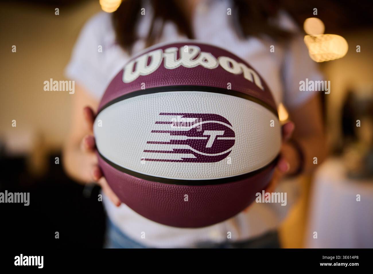 A Toronto Tempo logo on a basketball is shown as members of the media ...