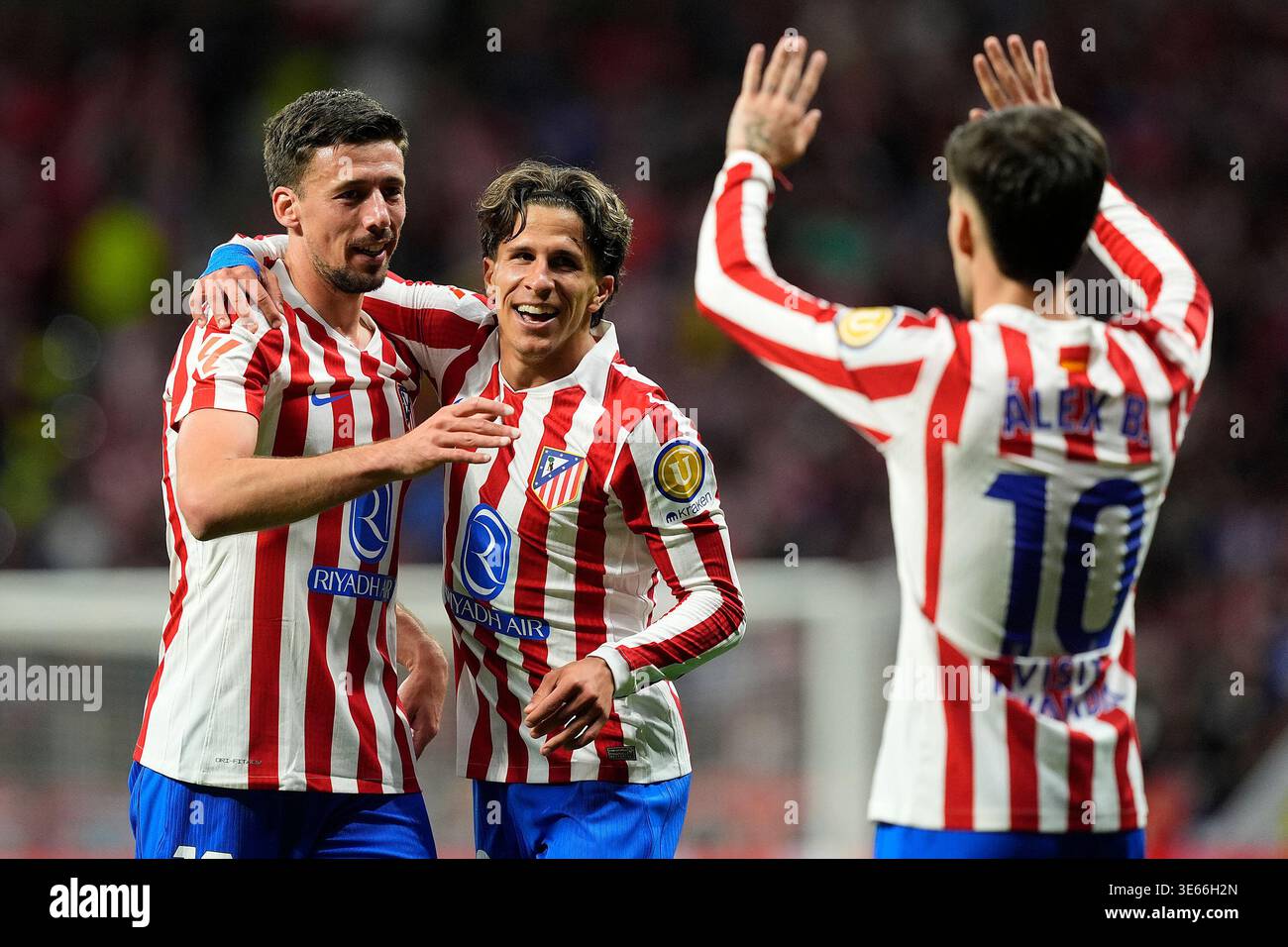 Atletico de Madrid's Clement Lenglet, Giuliano Simeone and Alex Baena ...
