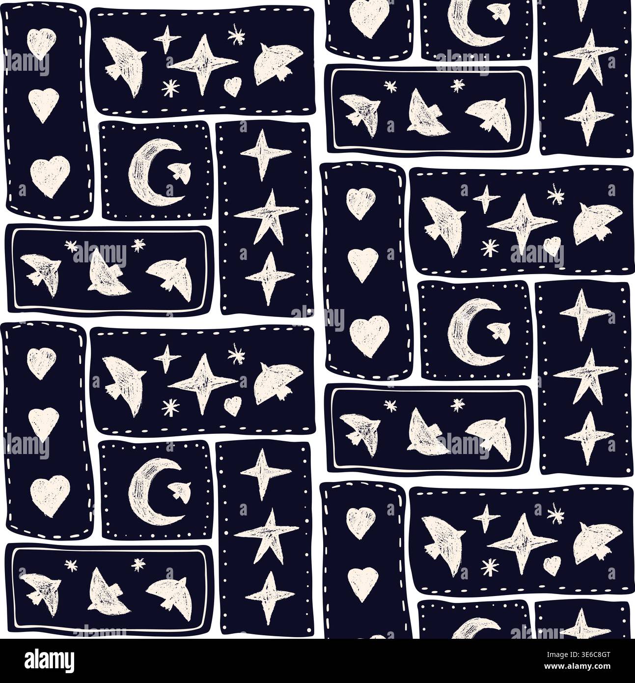 Seamless pattern linocut of geometric bento tiles with stitch borders ...