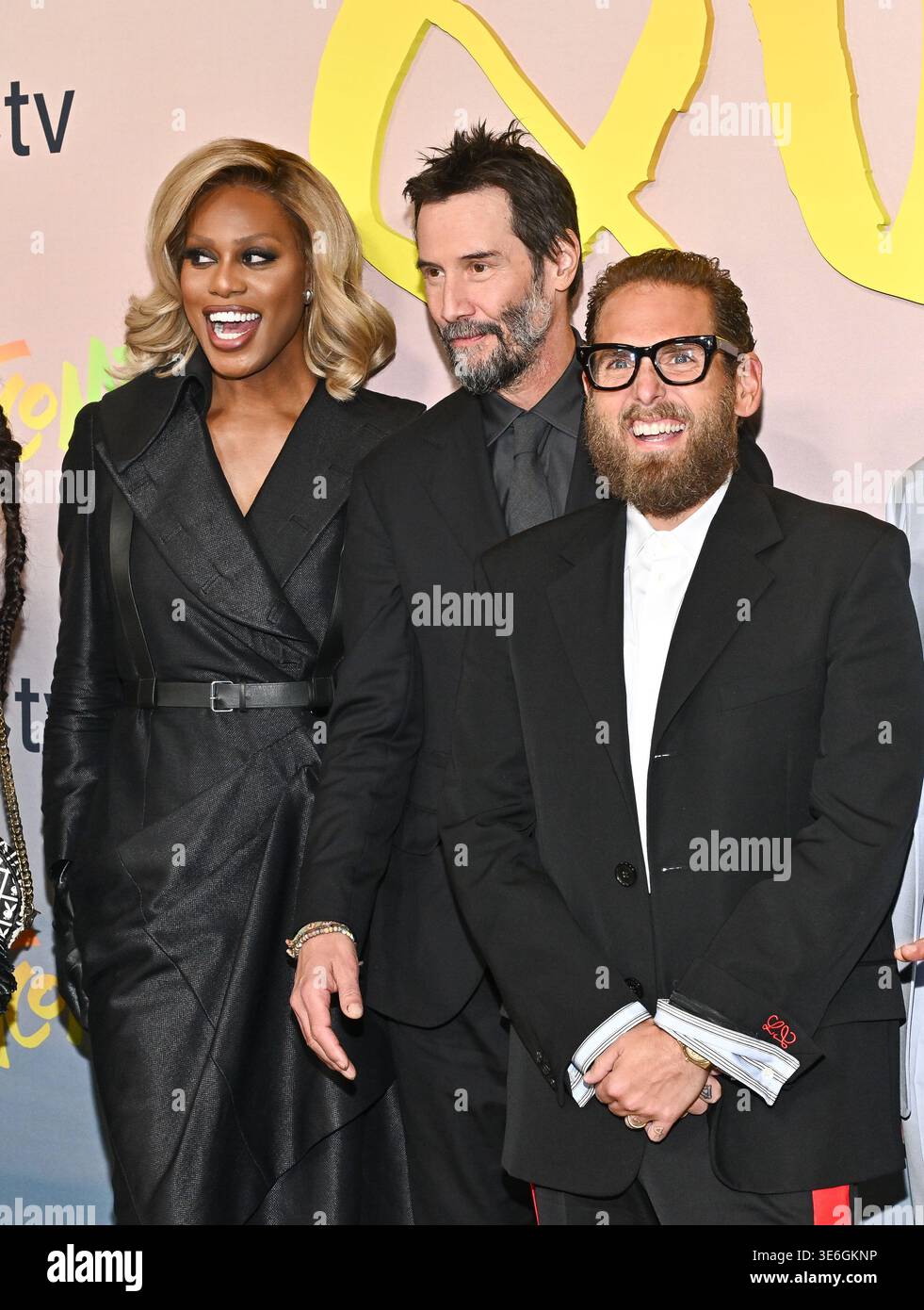 Laverne Cox, from left, Keanu Reeves and Jonah Hill pose together at ...