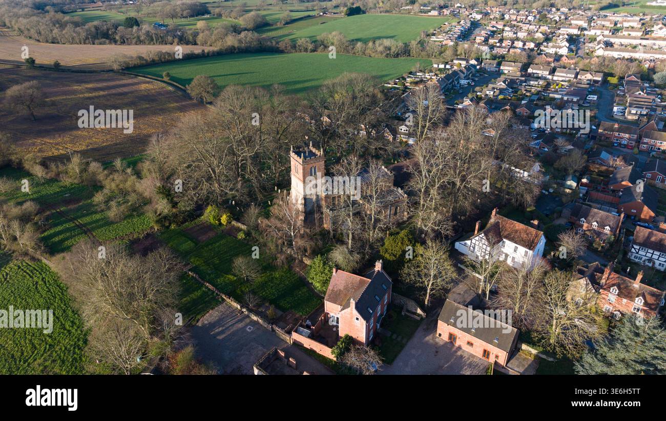 Aerial view of Alveley village rooftops and residential countryside ...