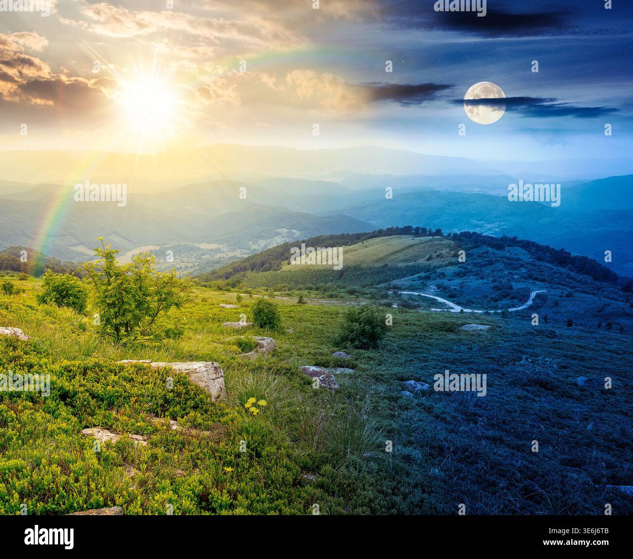 summer solstice landscape of alps. day meet night. sun and moon over ...
