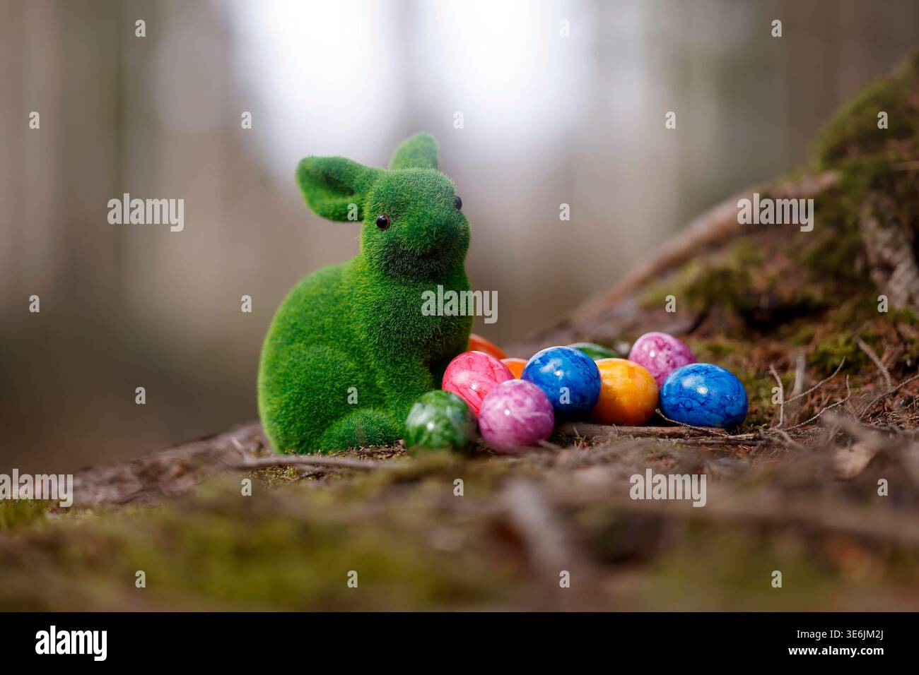 An Easter nest with Easter eggs and Easter Bunny figure is hidden along ...