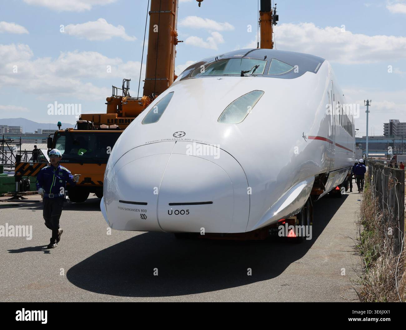 A leading car of the Kyushu Shinkansen Bullet Train, which was affected ...