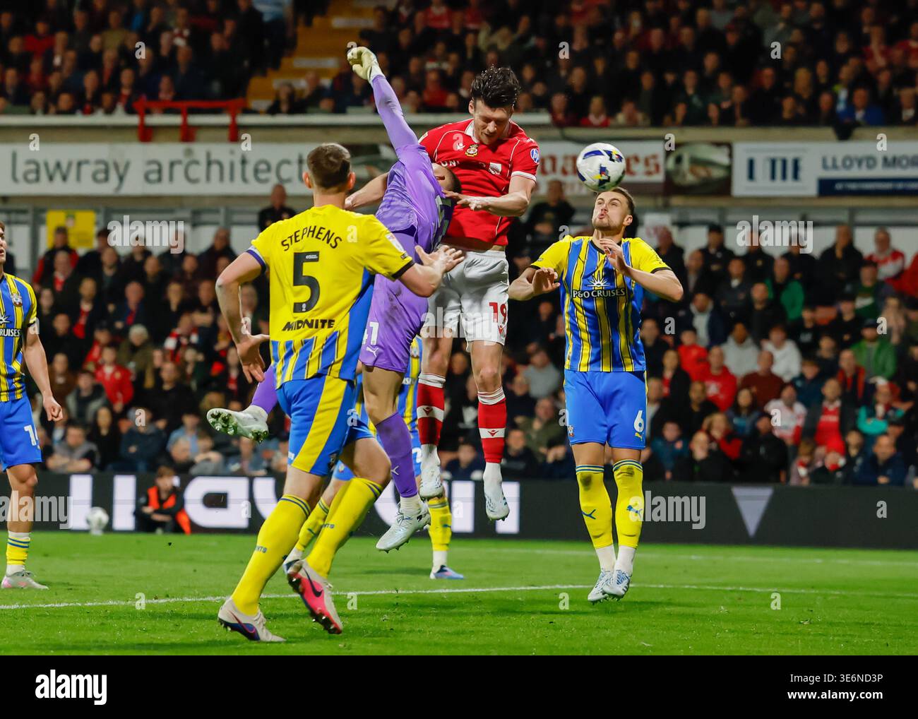 Wrexham, Wales, 7th April 2026. Kieffer Moore of Wrexham header towards ...
