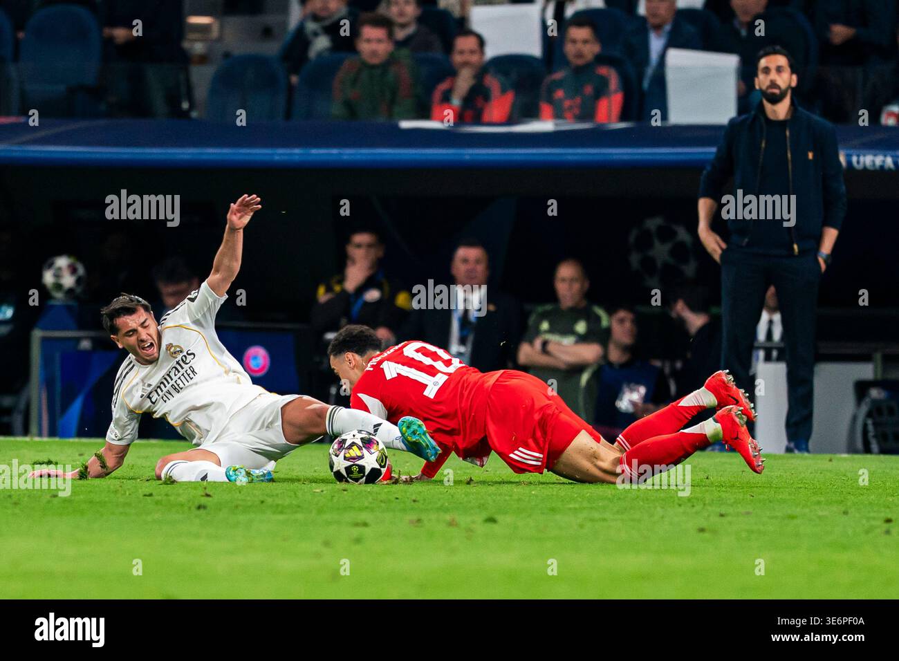 Real Madrid CF's Brahim Diaz and Bayern Munchen’s Jamal Musiala during ...